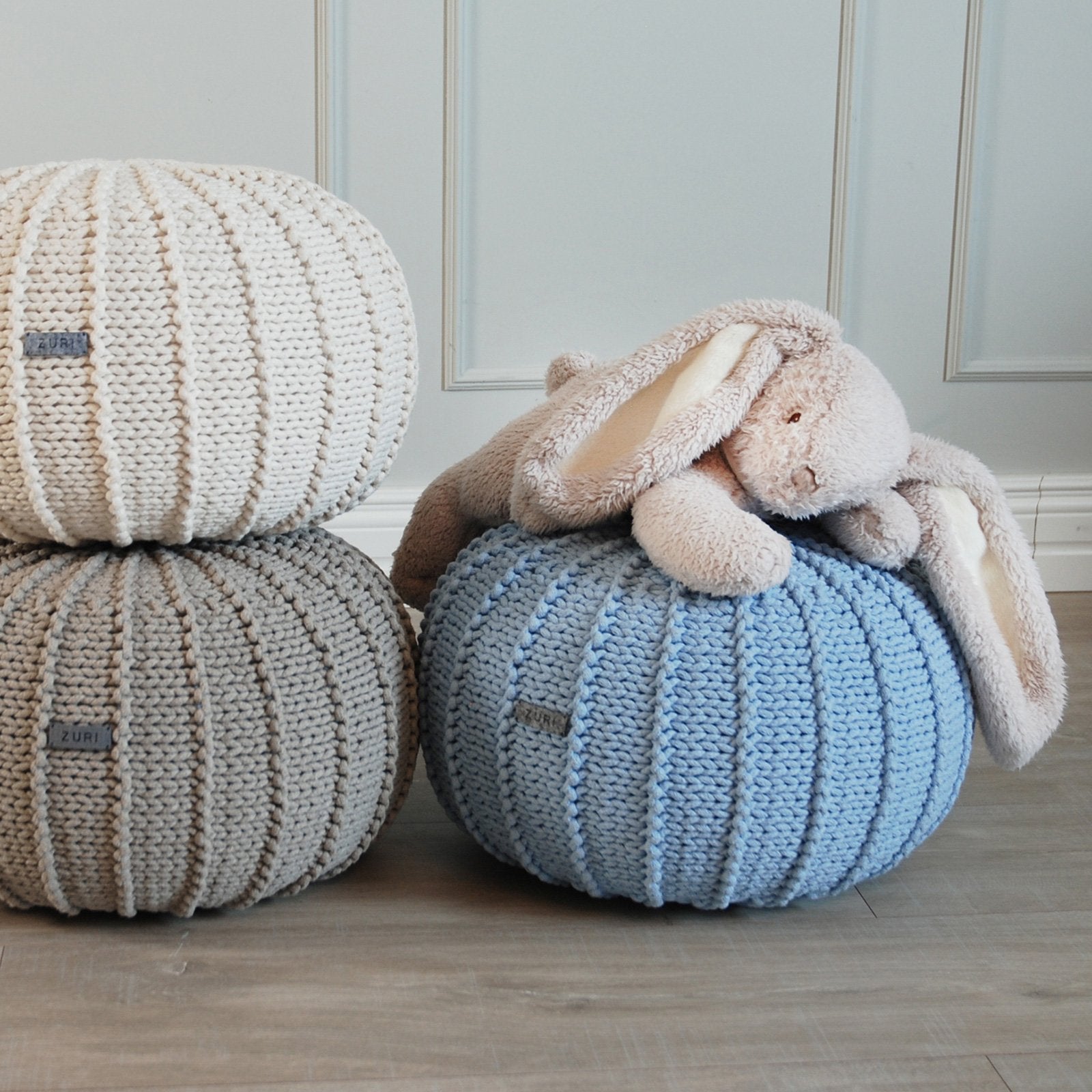 Small Hand-Knitted Pouffe – Beige Cotton Pouffe | Zuri House